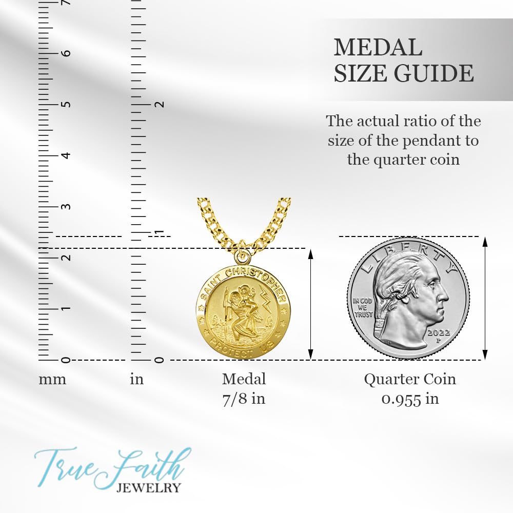 TrueFaithJewelry 14K Gold-Plated Sterling Silver Saint Christopher Medal Patron Saint Pendant Necklace Religious Jewelry, 3/4 Inch