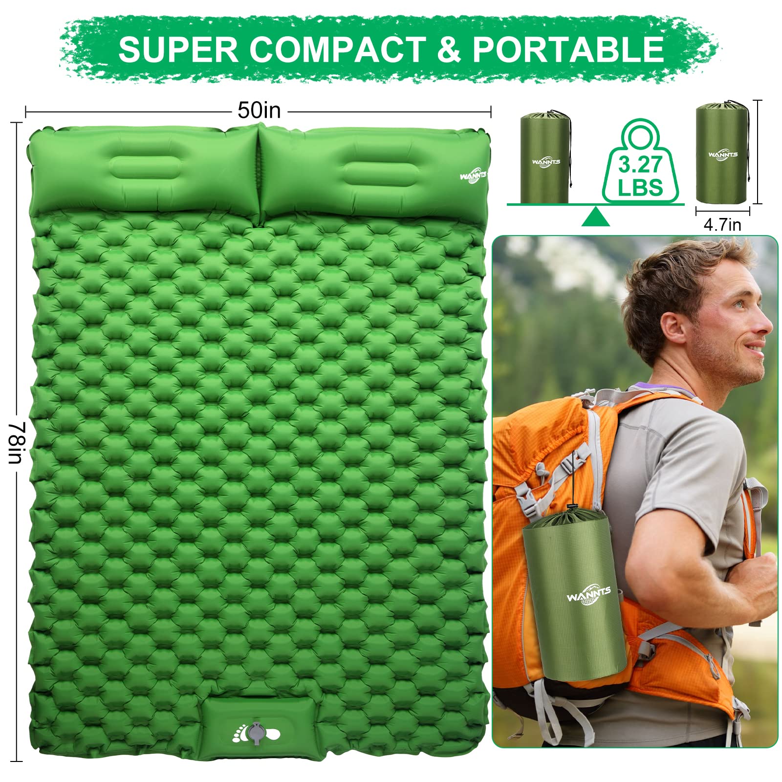 WANNTS Double Sleeping Pad, Ultralight Inflatable Sleeping Pad for Camping, Built-in Pillow, Ultimate for Camping, Hiking - Airpad, Carry Bag, Repair Kit - Compact & Lightweight Camping Pad(Green)