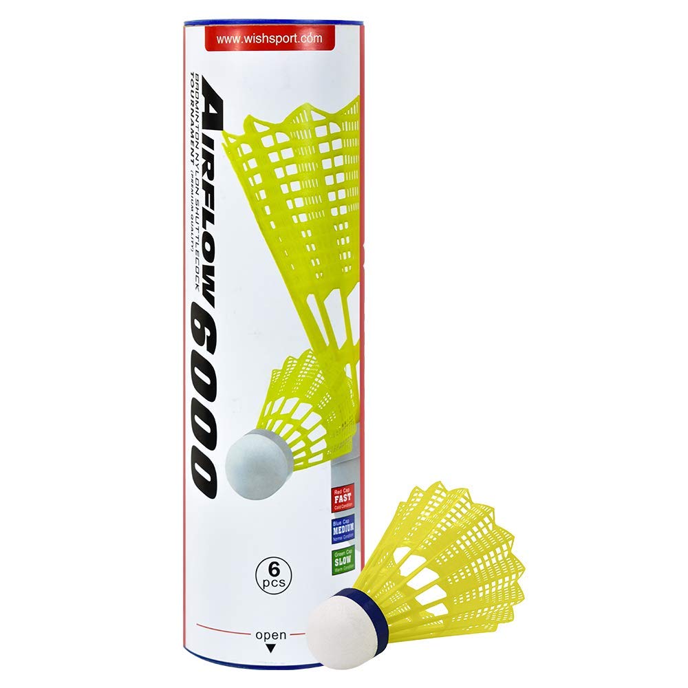 Wish Airflow 6000 Badminton Tournament Shuttlecocks β 6 Pack Tube of Durable Nylon Shuttlecocks with Cork Tips β Badminton Birdies for Indoor and Outdoor Play, Yellow