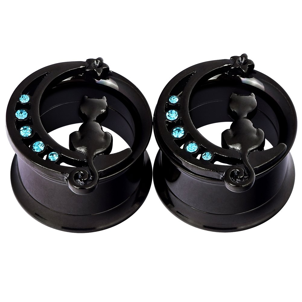 YOFANST Stainless Steel Black Cat on The Moon Ear Expander Piercing Tunnels Gauge 0g