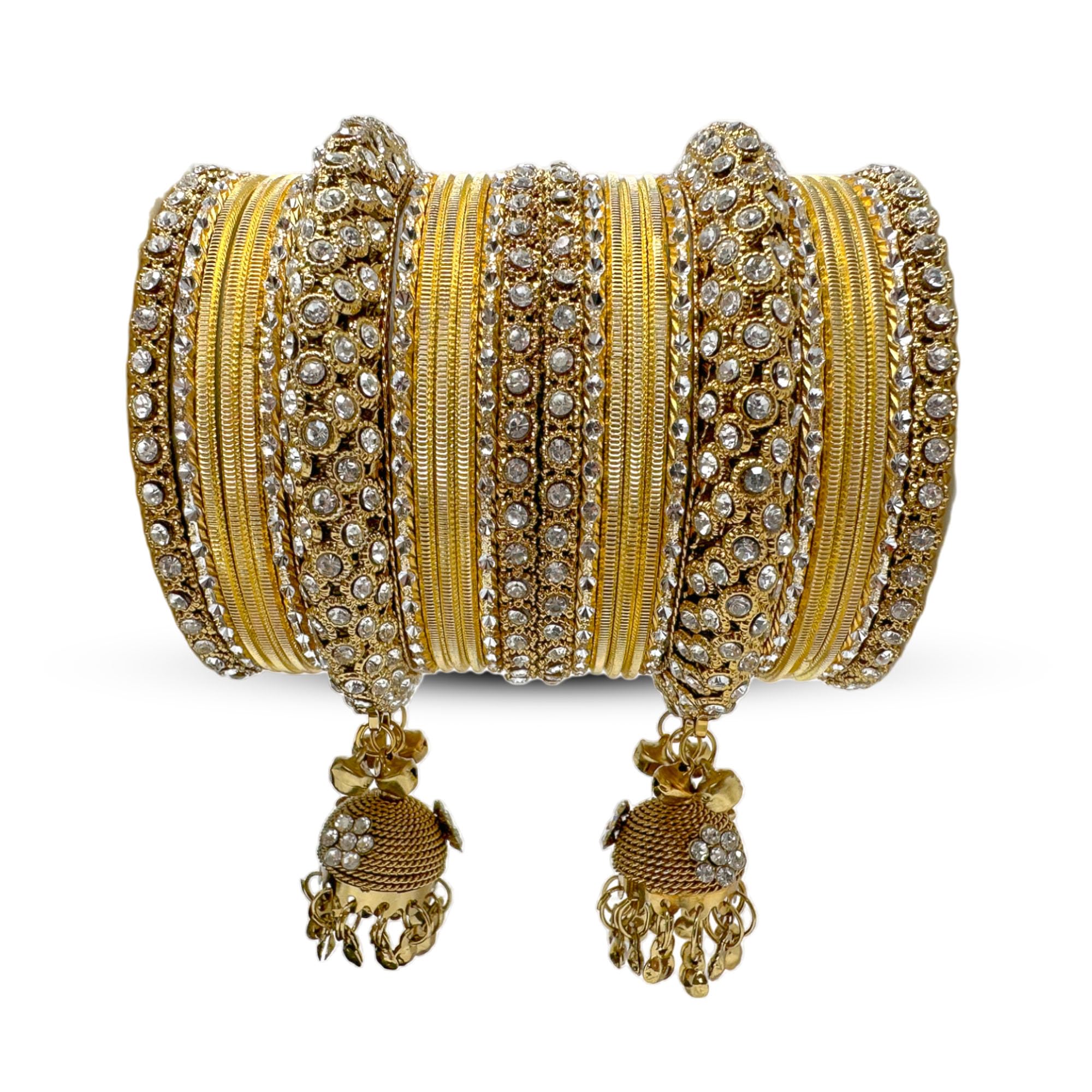Zenia Creations Indian Bollywood Style Metal Bangle Set with Rhinestones - 26 Piece Bangles Set - with Jhumka, Multiple Sizes, Jewelry Model: 1149 (Gold, 2.8)