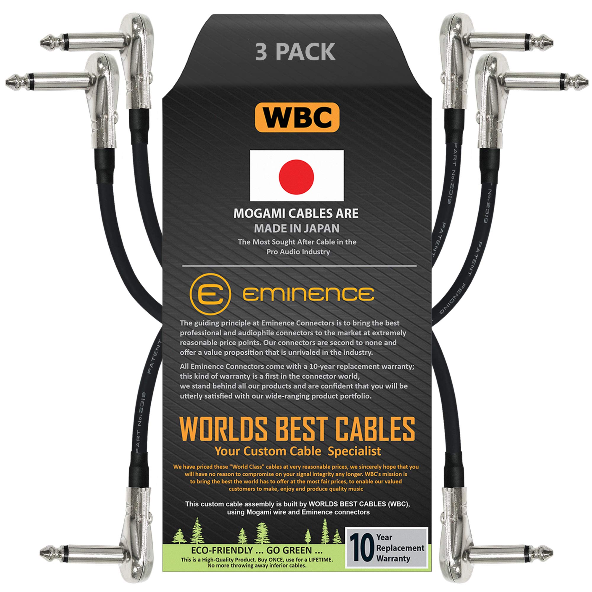 WORLDS BEST CABLES 3 Units - 18 Inch - Pedal, Effects, Patch, instrument cable CUSTOM MADE made using Mogami 2319 wire and Eminence Nickel Plated ¼ inch (6.35mm) R/A Pancake type Connectors