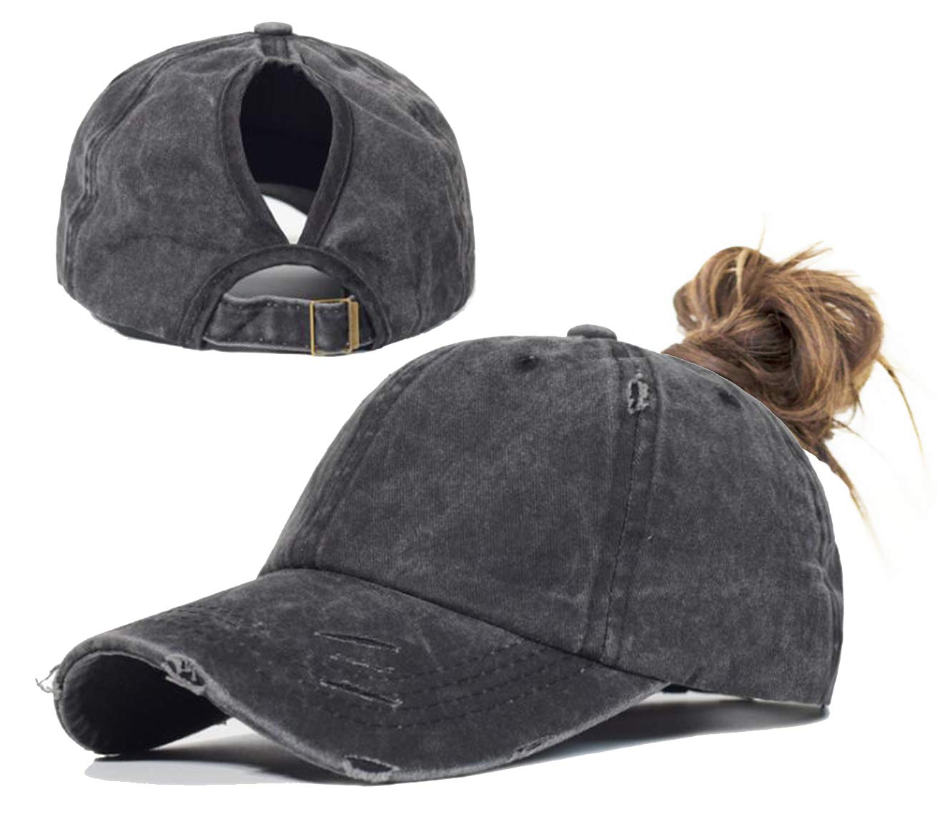 Washed Ponytail Hats Pony Tail Caps Distressed-Baseball for Women(Jean Black)