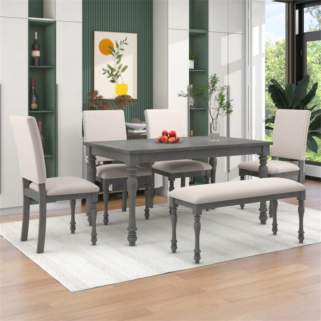ZHYH 6 Piece Wooden Dining Table Rectangular Table with Turning Legs 4 Upholstered Chairs and Dining Room Bench