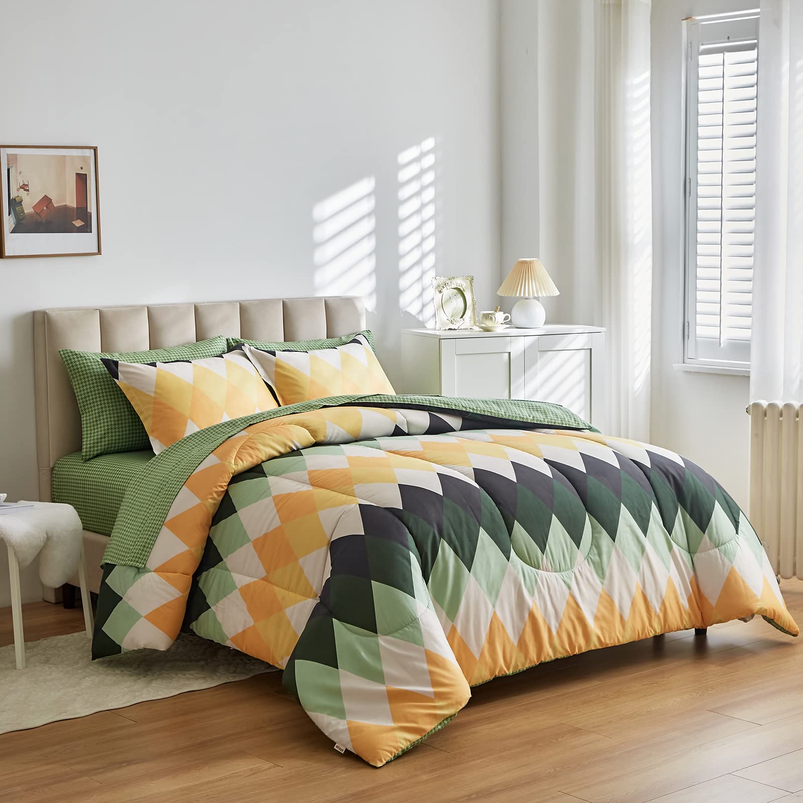 UOZZI BEDDING Rhombus Comforter Sheet Set 7 Pieces Bed in a Bag White Green Yellow Diamond King Size (1 Comforter 2 Pillow Shams 1 Flat Sheet 1 Fitted Sheet 2 Pillowcases)