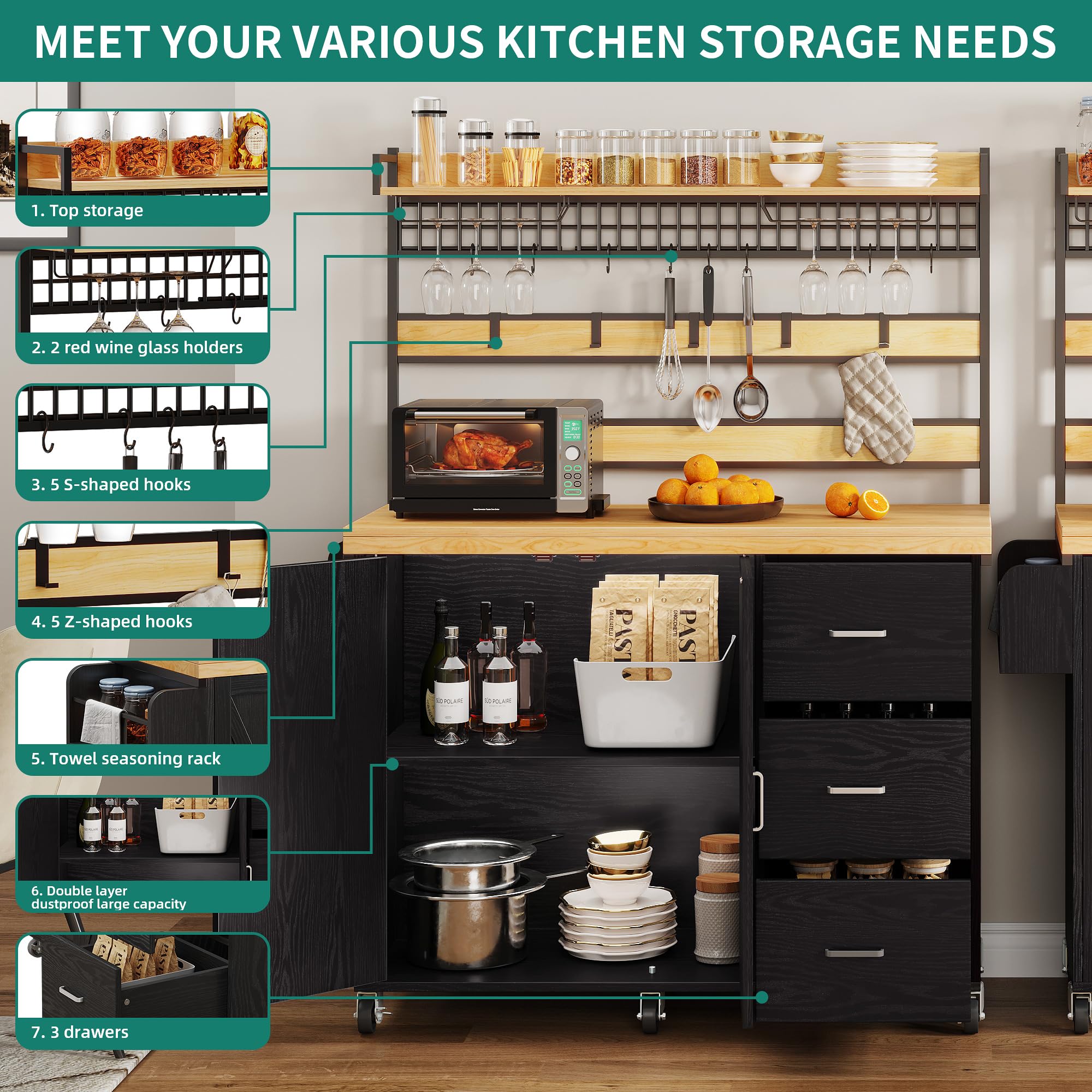 YITAHOME Large Rolling Kitchen Island with Storage Cabinet Drawer Tall Shelf, 53 Inch Big Portable Mobile Baker Rack Cart Movable on Wheels Thick Counter Glass Holder Hooks Spice Rack, Black & Oak