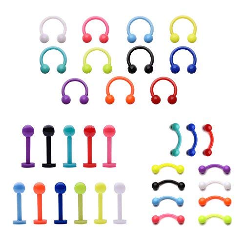 VCMART 33pcs 16G Eyebrow Ring Lip Labret Nose Rings Acrylic Flexible Cartilage Ear Piercing Jewelry Pack