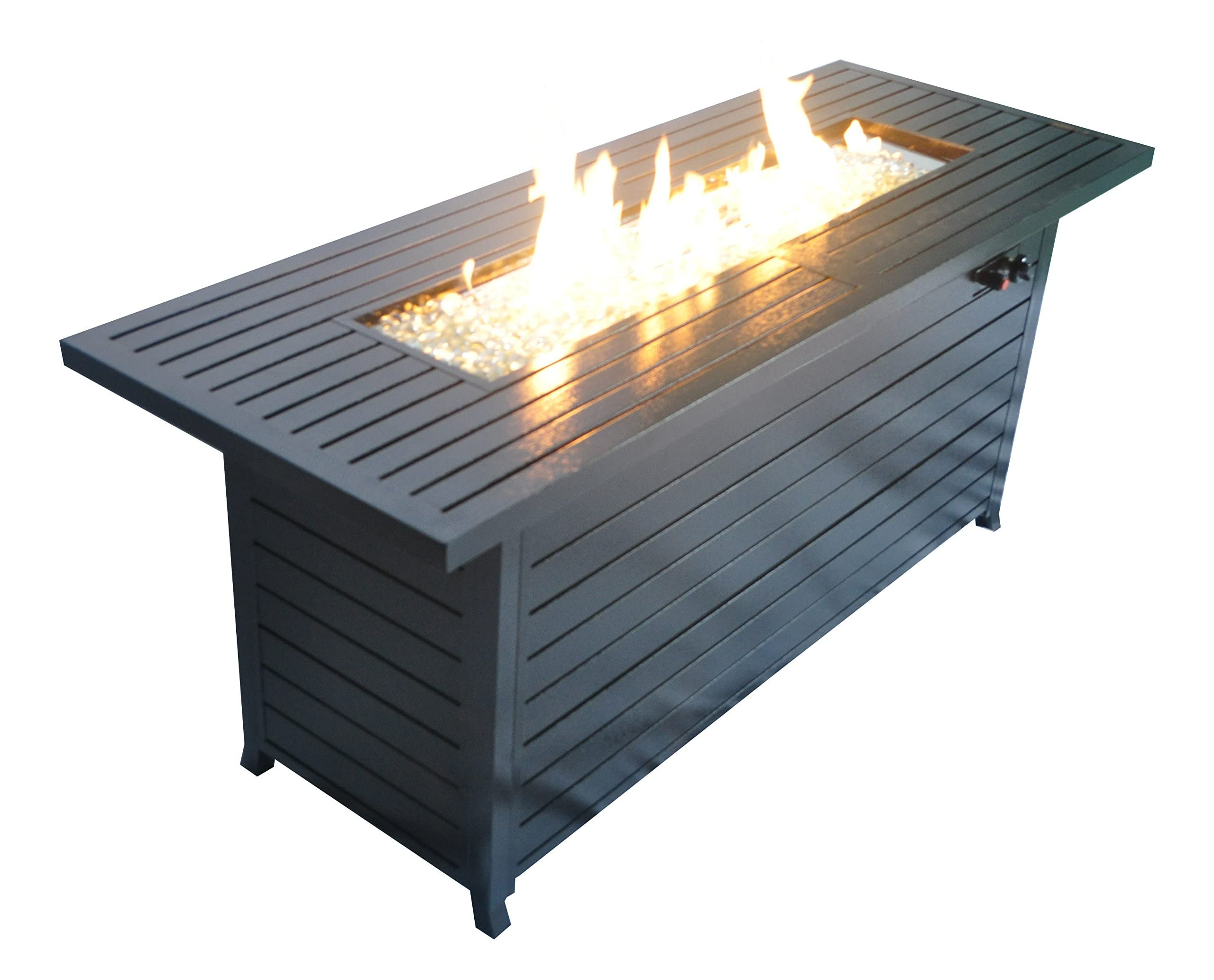 Tidyard 57in Outdoor Gas Propane Fire Pits Table, Aluminum, 50000BTU Firepit Fireplace Dinning Table with Lid, Fire Glass, Retangular, ETL Certification, for Garden Backyard Deck Patio-hammered black