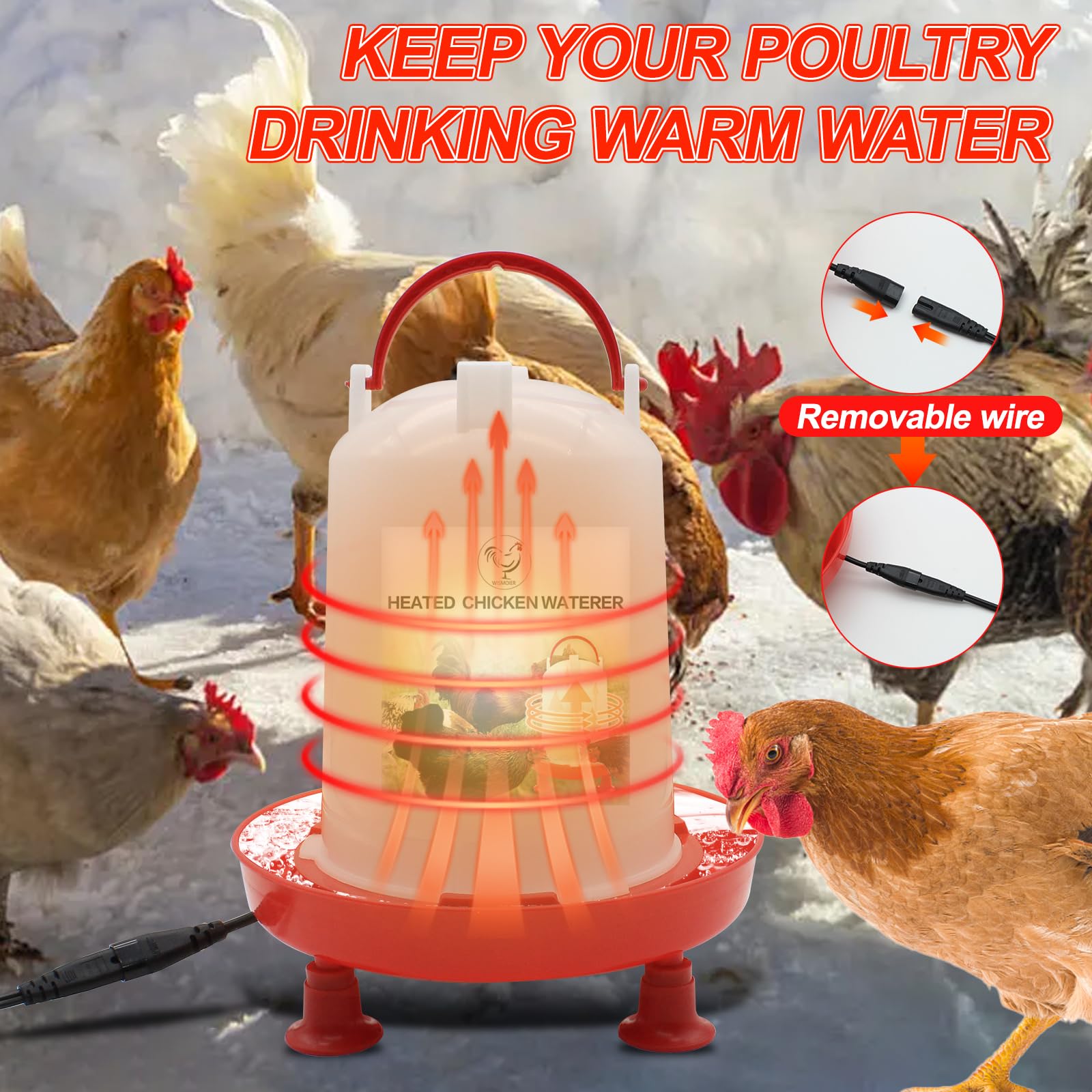 WISMOIER Heated Chicken Waterer - 35W Constant Temperature Heated Plastic Poultry Fountain with 2 Adjustable Heights - 3L Poultry Waterer for Chicken Coop Accessories in Winter