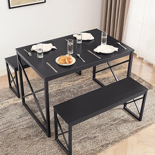 VECELO Kitchen Table with 2 Benches for 4, Wood Dining Room Dinette Sets with Metal Frame for Breakfast Nook and Small Space, 43.3", Black