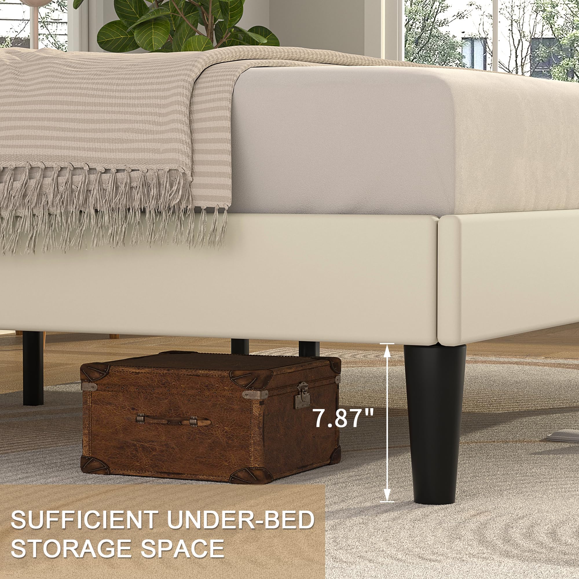 VECELO Queen Size Upholstered Bed Frame with Adjustable Headboard, Velvet Platform Bedframe Mattress Foundation, Strong Wood Slat Support, No Box Spring Needed, Beige