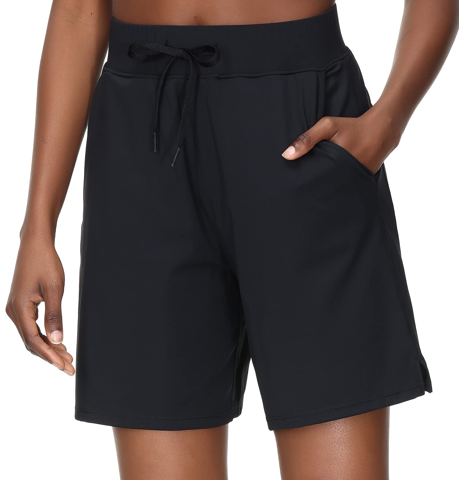 Women's Bermuda Shorts Athletic Long Loose Fit Shorts with Pockets Drawstring Lounge Shorts for Walking Workout Yoga (Black, X-Large)