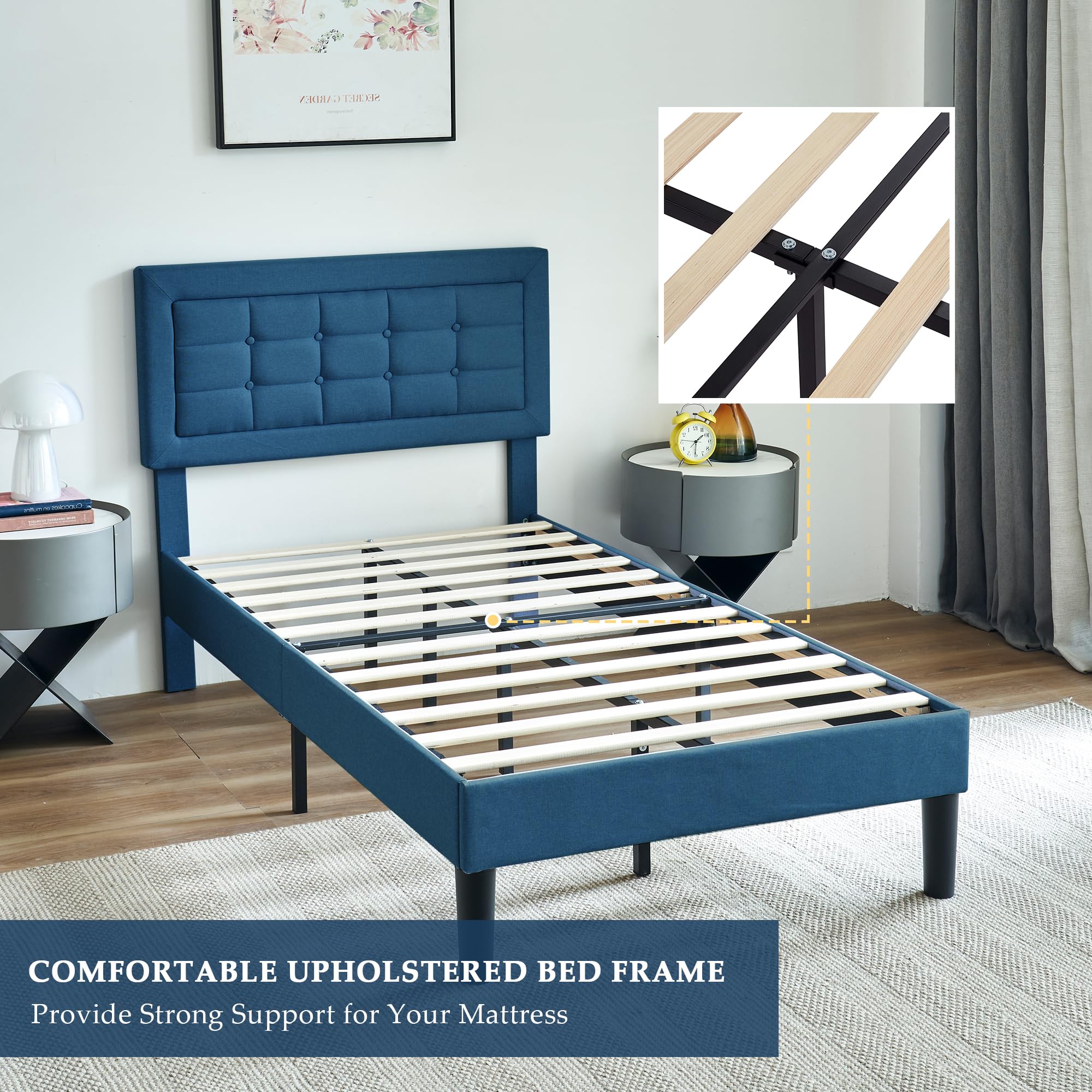 VECELO Twin Size Bed Frame with Adjustable Headboard, Upholstered Button Tufted Platform Bedframe with Wood Slats Support, No Box Spring Needed, Linen White