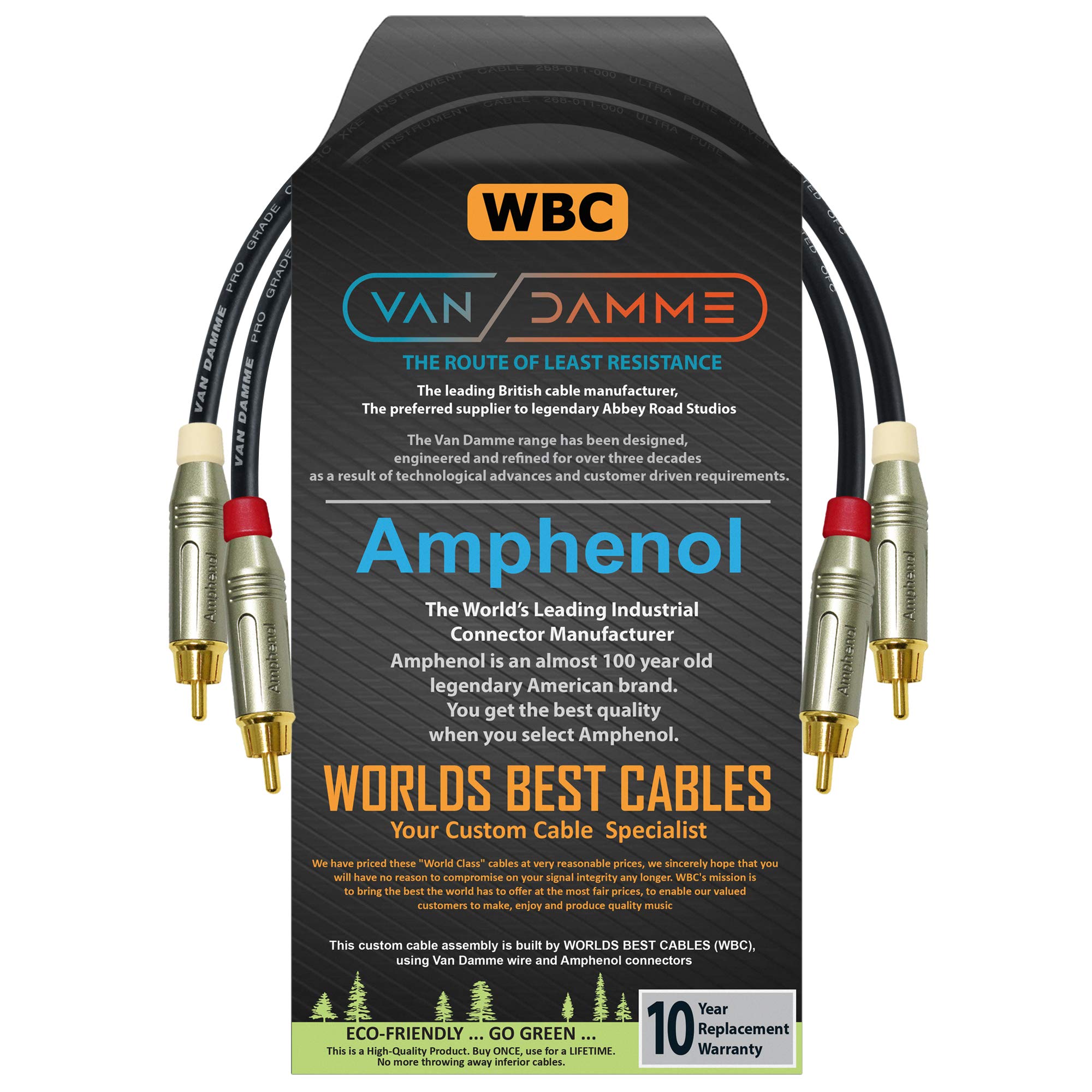 WORLDS BEST CABLES 0.5 Foot - RCA Cable Pair CUSTOM MADE made using Van Damme Pro Grade Classic XKE Instrument (Jet Black) wire & Amphenol ACPR Die-Cast, Gold Plated RCA Connectors