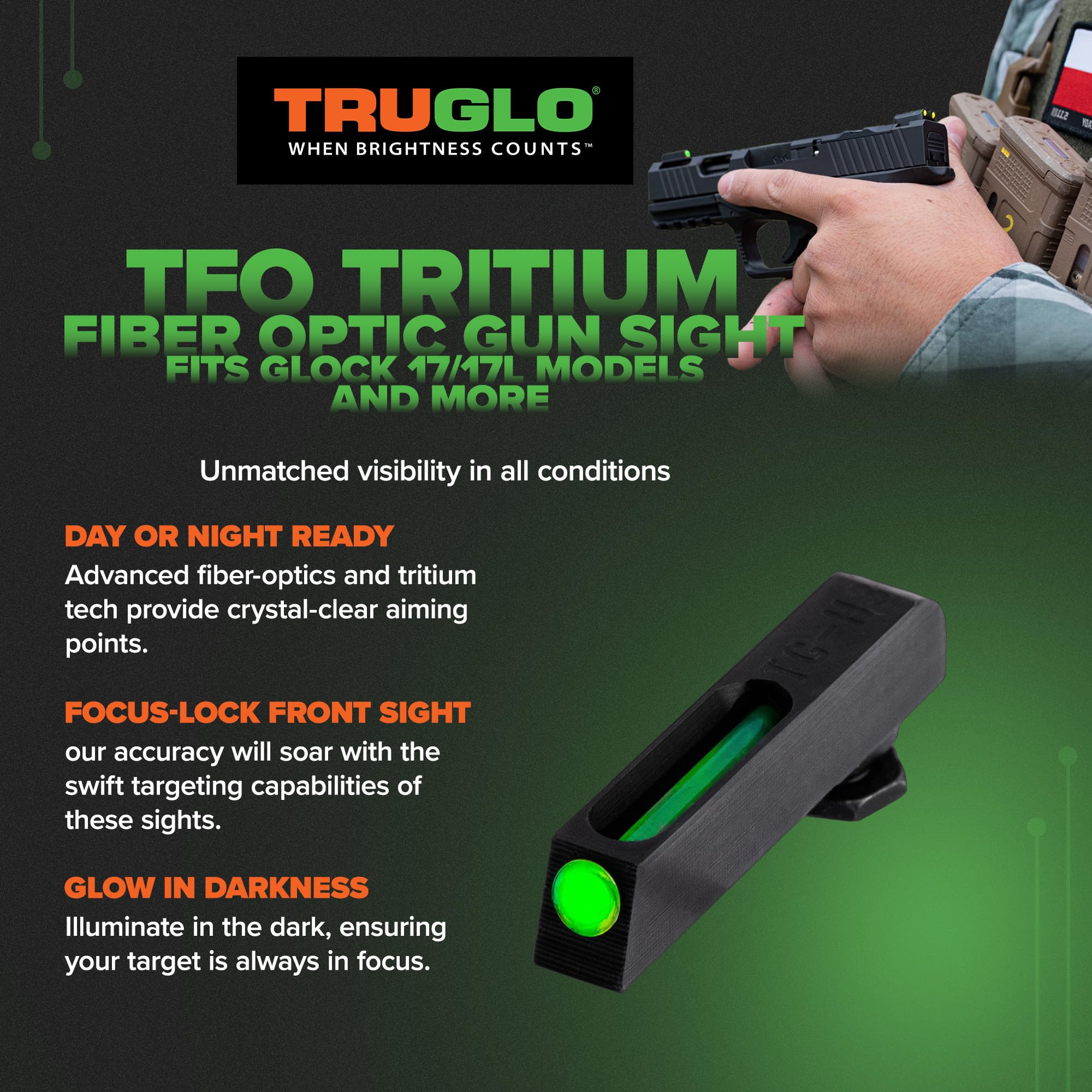 TruGlo TFO Tritium Fiber Optic Handgun Laser Sight Accessories Set with Rear Colors, Fits Glock 17/17L, 19, 22, 23, 24 Models and More, Yellow Light