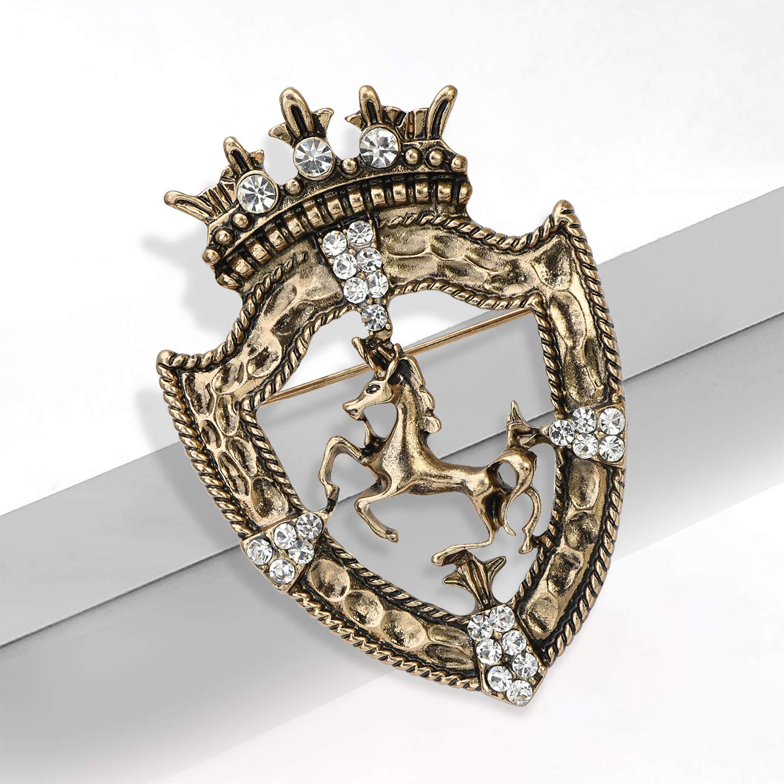 YYBONNIE Vintage Golden Tone Queen Crown Pin Brooch Crystal Horse Racing Chapter Badge