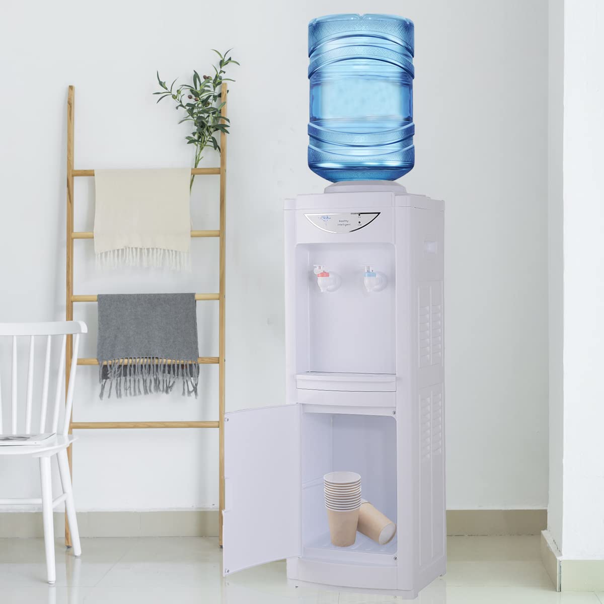 Timoau Top Loading Hot and Cold Water Dispenser, 5 Gallons Water Coolers with Storage Cabinet & Child Safety Lock for Home or Office Use, White