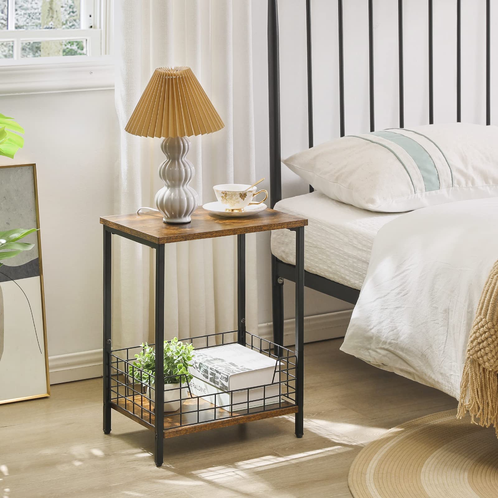 YMYNY 2-Tiers End Table, Side Table with Storage Shelves, Small Nightstand, Industrial Couch Table, for Study, Office, Living Room, Bedroom, Record Player Stand 20.5*15.7*11.4" Rustic Brown UHST001H