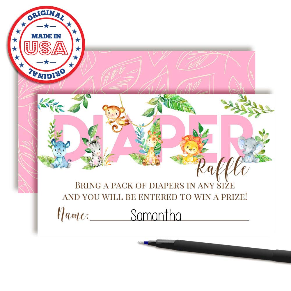 Watercolor Jungle Animals Diaper Raffle Tickets for Girl Baby Showers, 20 2" X 3” Double Sided Insert Cards for Games by AmandaCreation, Bring a Pack of Diapers to Win Favors & Prizes!