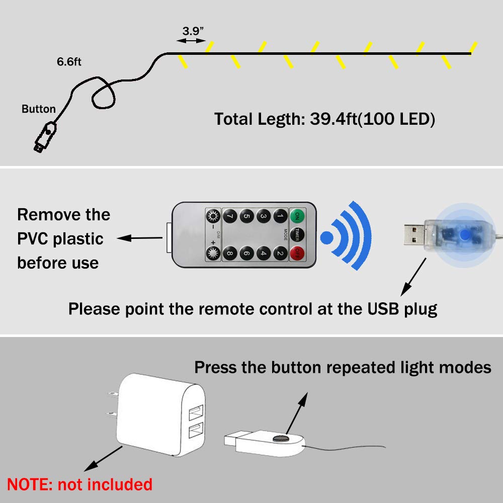 Vicila Red LED String Lights Christmas, USB Tree Lights Remote Control Fairy Lights 100 LED String Lights for Bedroom, Wedding, Birthday Party Decor-39.4ft(Red)