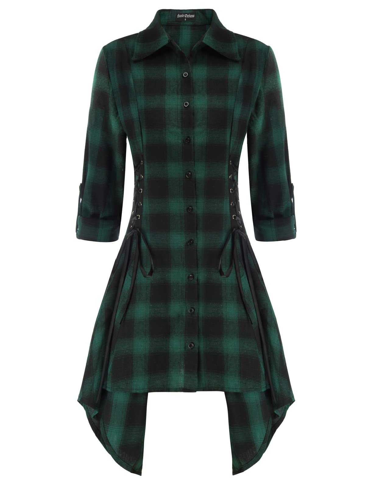 Women's Goth Punk Plaid Dress Handkerchief Hem Lapel Collar Dress Dark Green 2XL