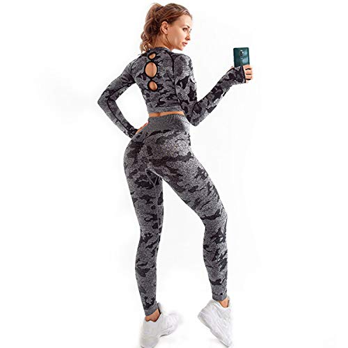 Yoga Workout Set High Waist Athletic Seamless Leggings Long Sleeve 2 Pieces Set (Camouflage Black, L)