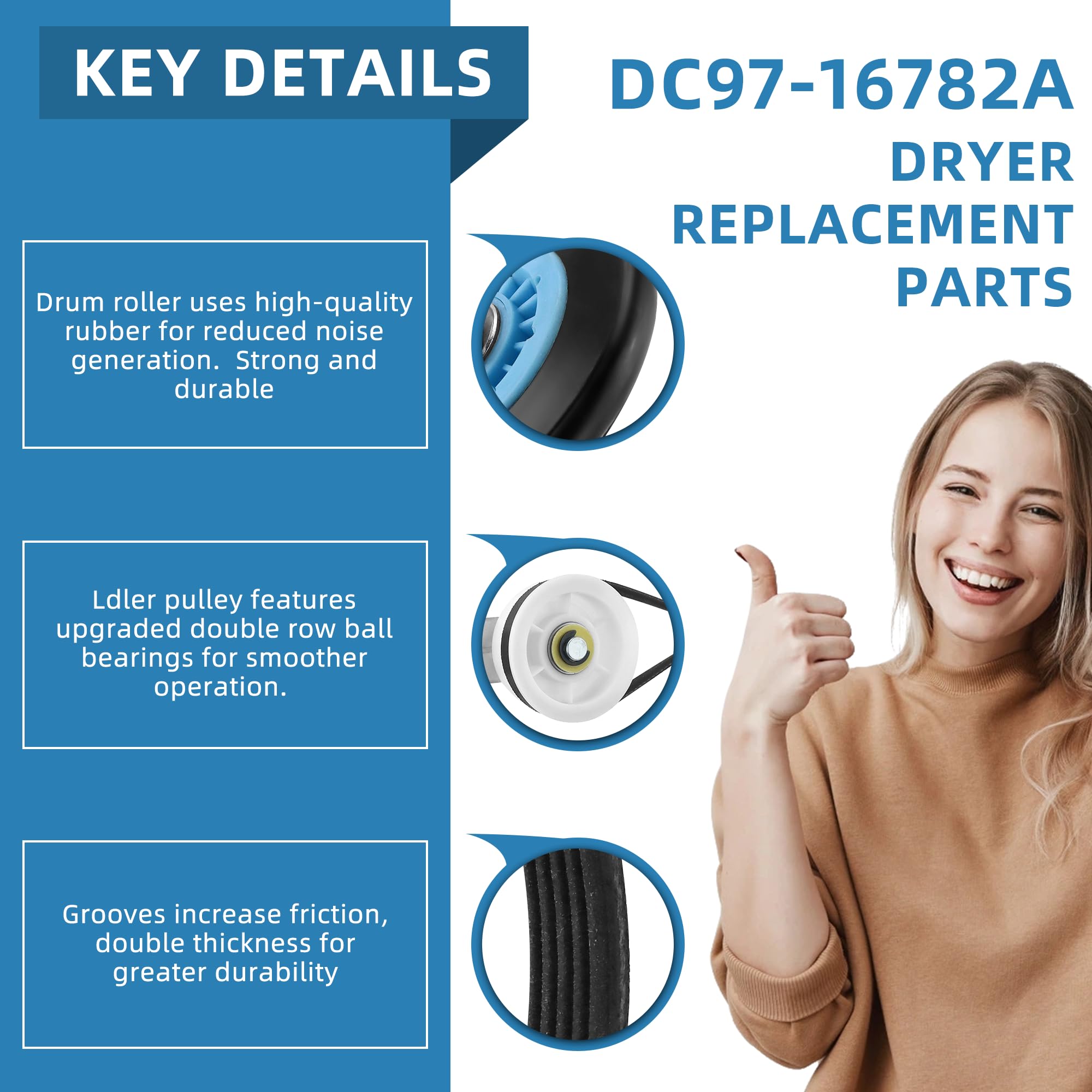 Upgraded Dryer Repair Kit DC97-16782A Dryer Roller Compatible with Samsung DV50K86EV/A3 DV40J3000EW/A2 DV42H5000EW/A3 Includes 6602-001655 Dryer Belt DC93-00634A Dryer Idler Pulley With Tension Spring