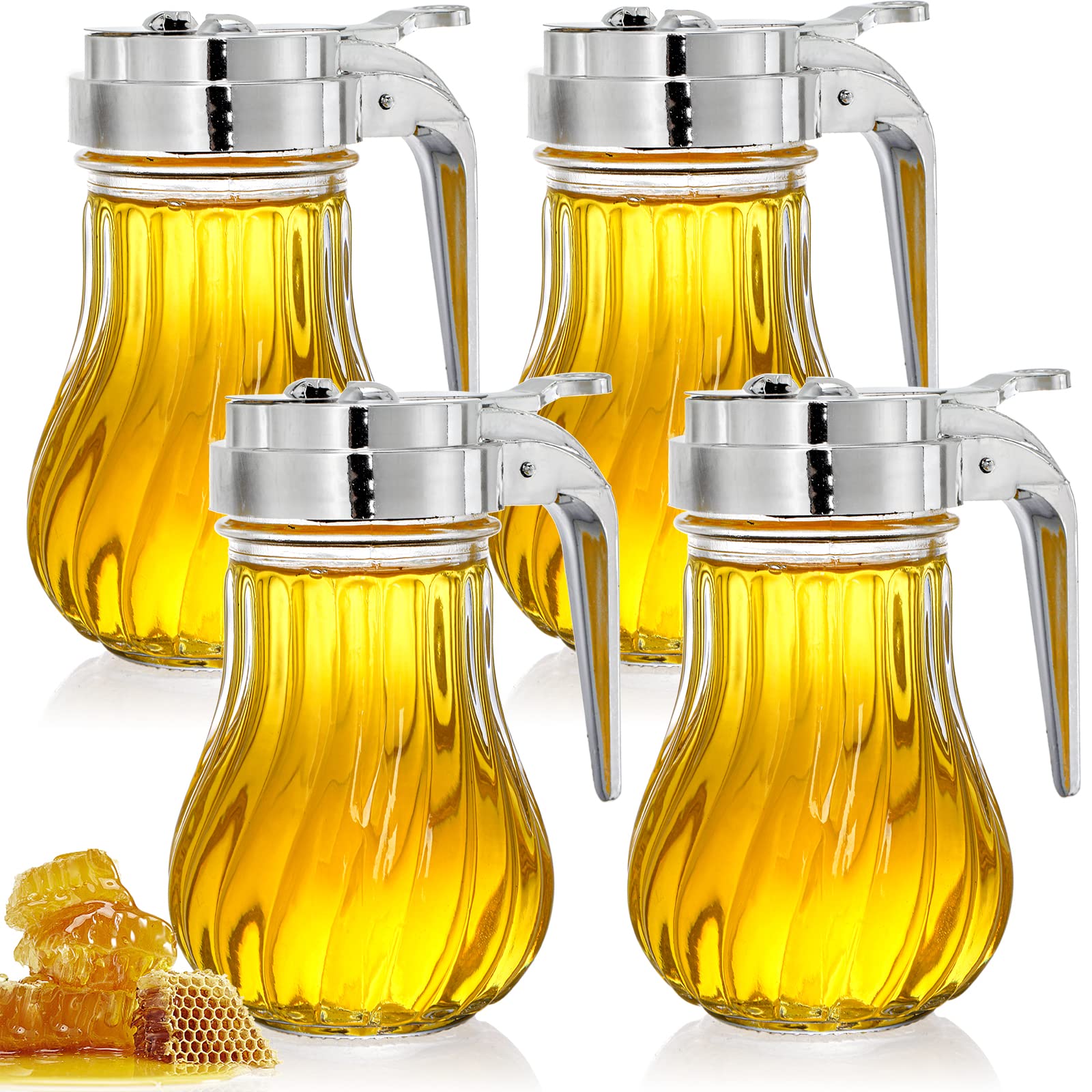 Yesland 4 Pack Syrup Dispenser, 6 oz Glass Bulb Sugar Dispenser Jar with Plastic Lid, Stripes Pattern Honey Pot Glass Jar for Maple Syrup, Chocolate Syrup, Sugar, Milk