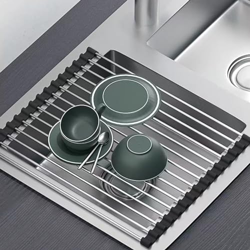 VAWSS Roll up Dish Drying Rack Over The Sink Kitchen Roll up Sink Drying Rack Multipurpose Foldable Sink Drying Mat, Heat-Resistant, Anti-Slip & Anti-Rust Dish Rack for Kitchen, 16.7" x 13.3"