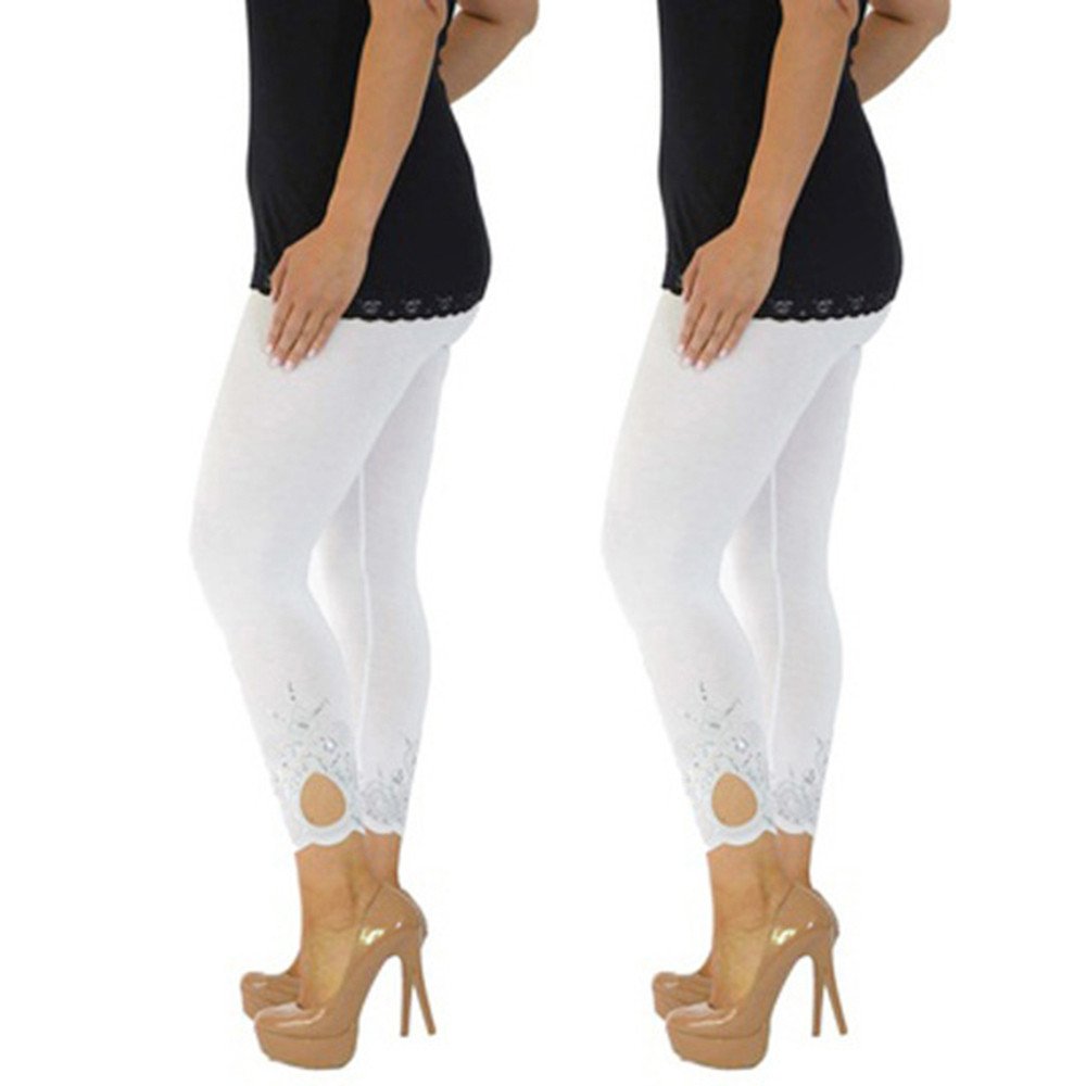 Women's Lace Leggings Plus Size High Waisted Yoga Pants Capri Cropped Leggings Stretch Workout Running Pants Tights A - White
