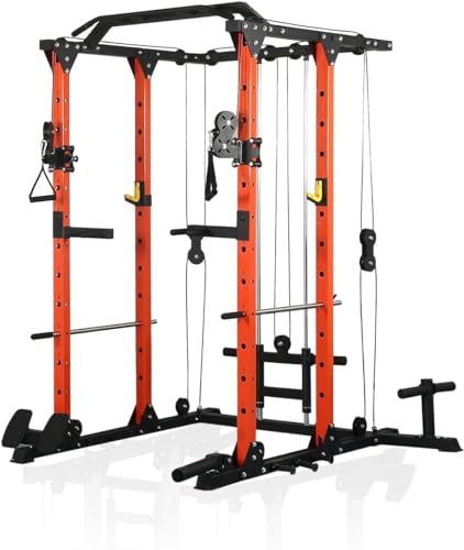 Versatile Power Cage with LAT Pulldown, Weight Storage, and Optional Bench Sturdy 1200 lb Capacity Power Rack for Home and Garage Gyms Multiple Accessory Squat Racks for Full Body Workouts