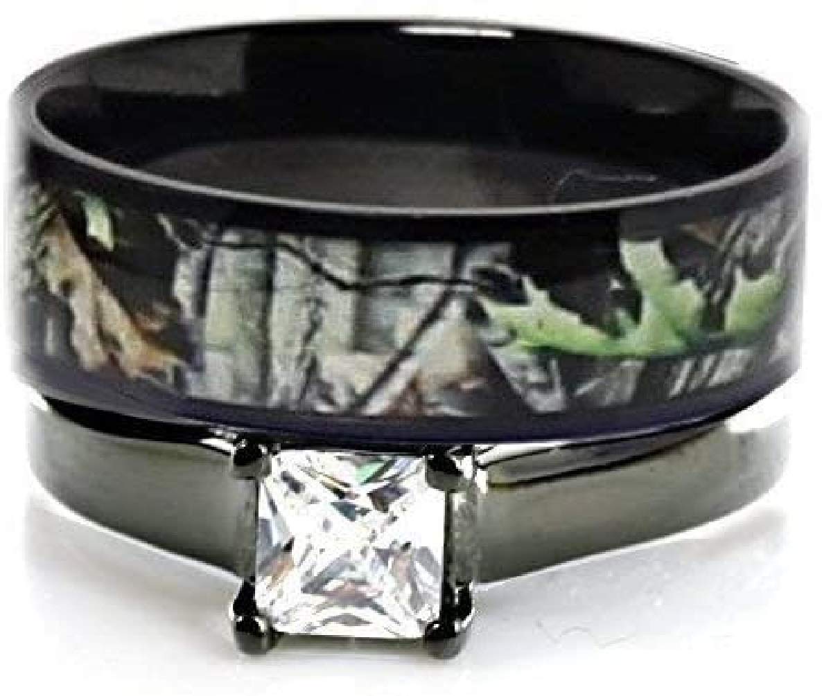 Women`s Black Titanium Camo and Stainless Steel Princess Engagement Wedding Rings Set (Size Women 7)