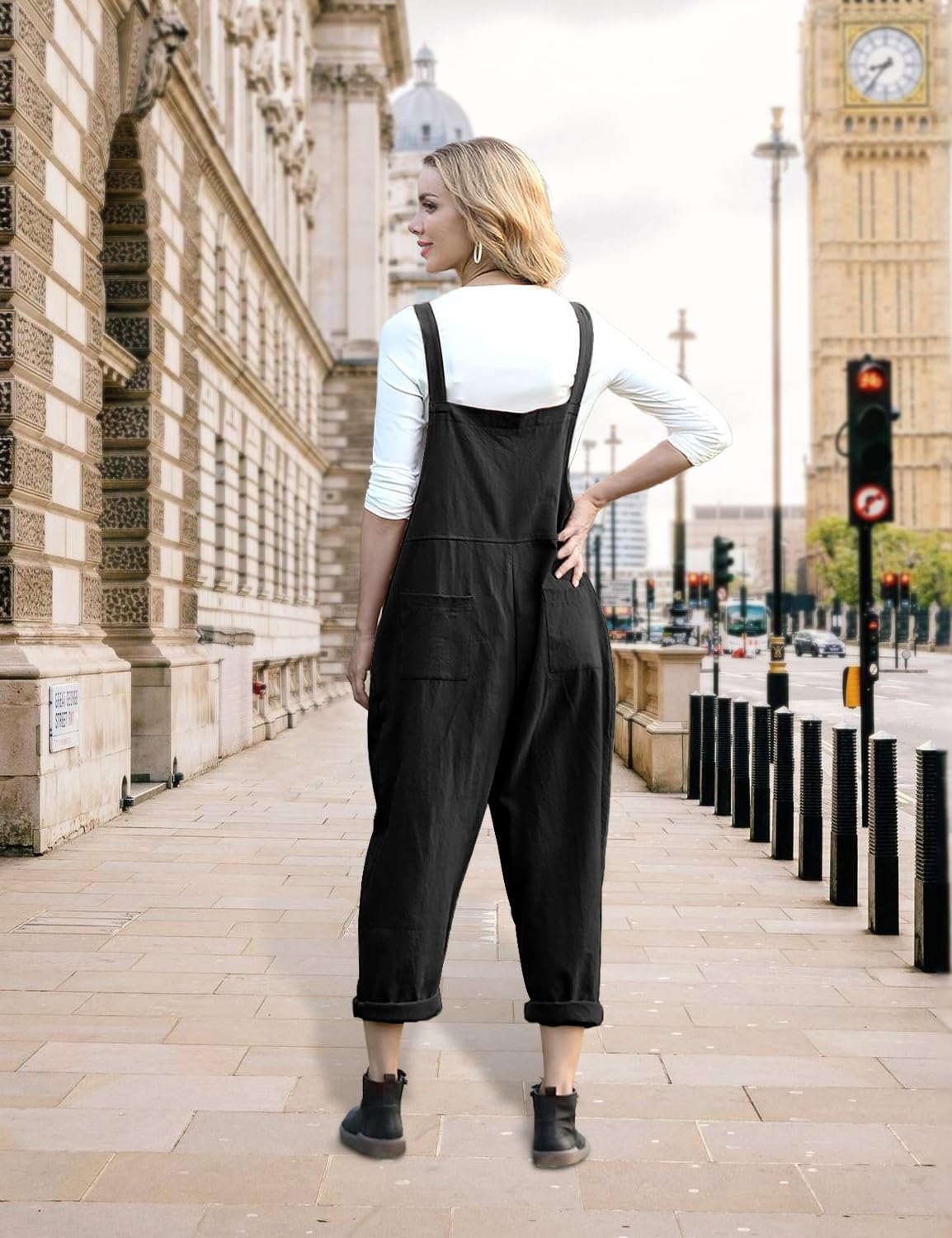 YESNO Women Long Casual Loose Bib Pants Overalls Baggy Rompers Jumpsuits with Pockets (XL PV9 Black)