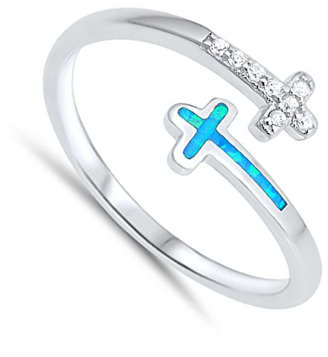 White CZ Blue Simulated Opal Open Cross Ring New .925 Sterling Silver Band Size 8