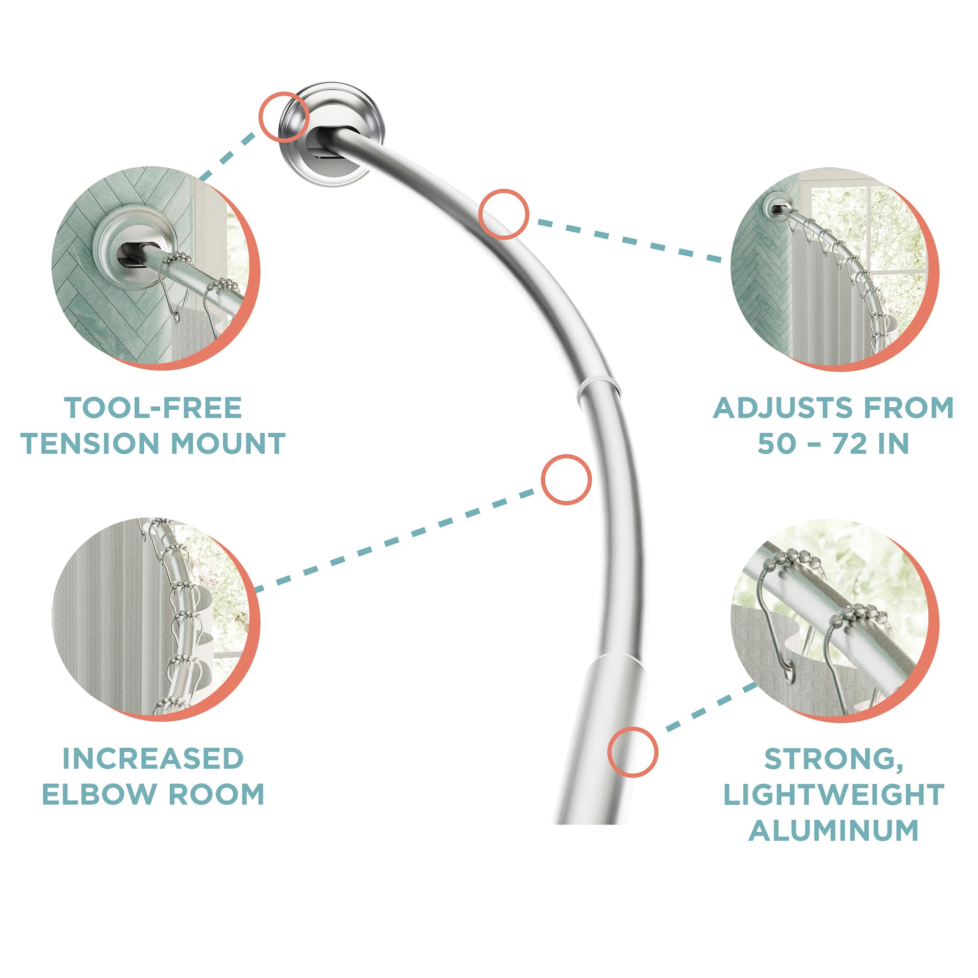 Zenna Home TENSION Rustproof Curved Shower Curtain Rod, NO DRILLING Adjustable Shower Rod, 50" to 72", Expandable, Telescoping, NeverRust, Satin Nickel