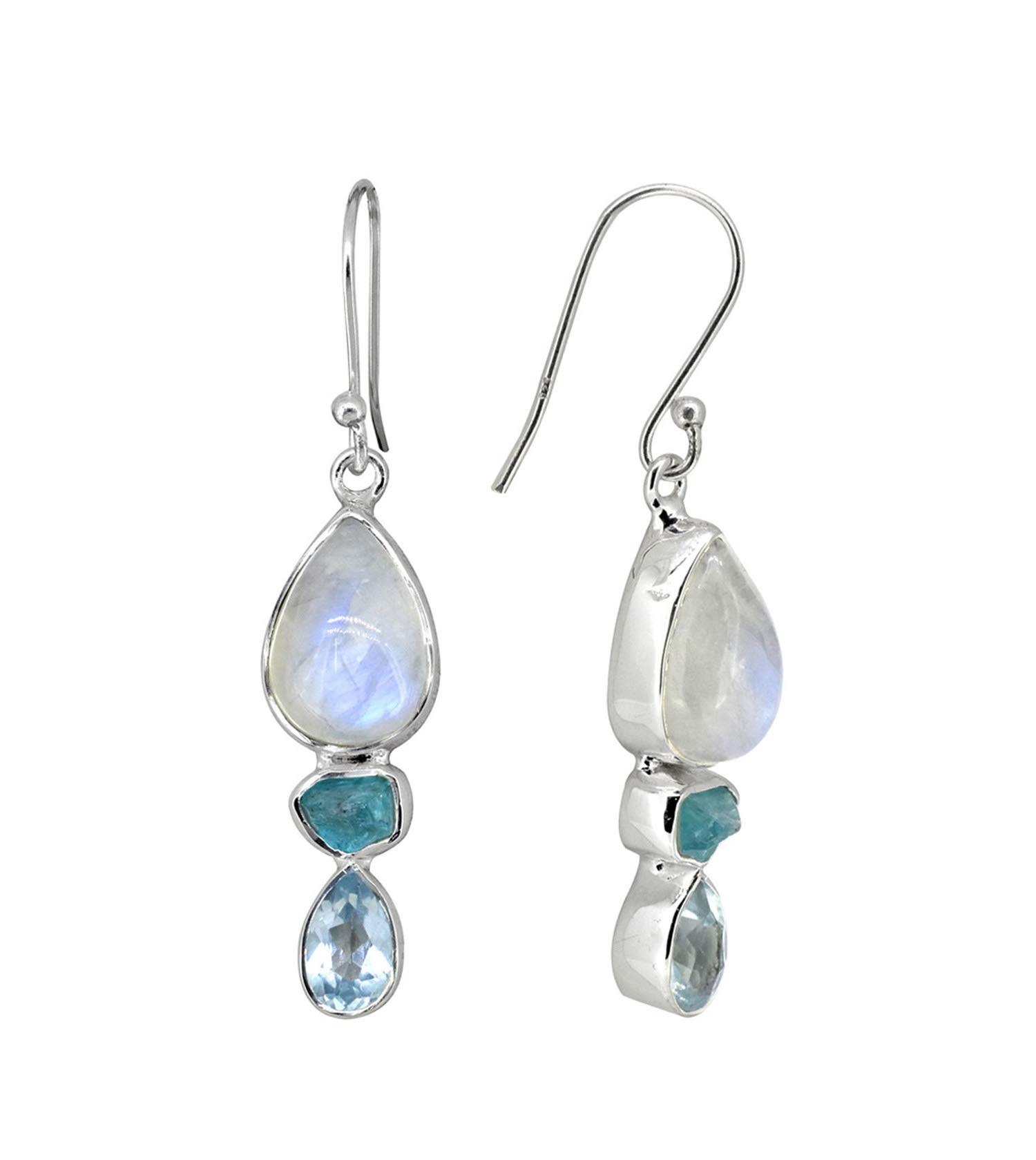 YoTreasure 1.85" Rainbow Moonstone Neon Apatite Blue Topaz Solid 925 Sterling Silver Gemstone Dangle Earrings Jewelry