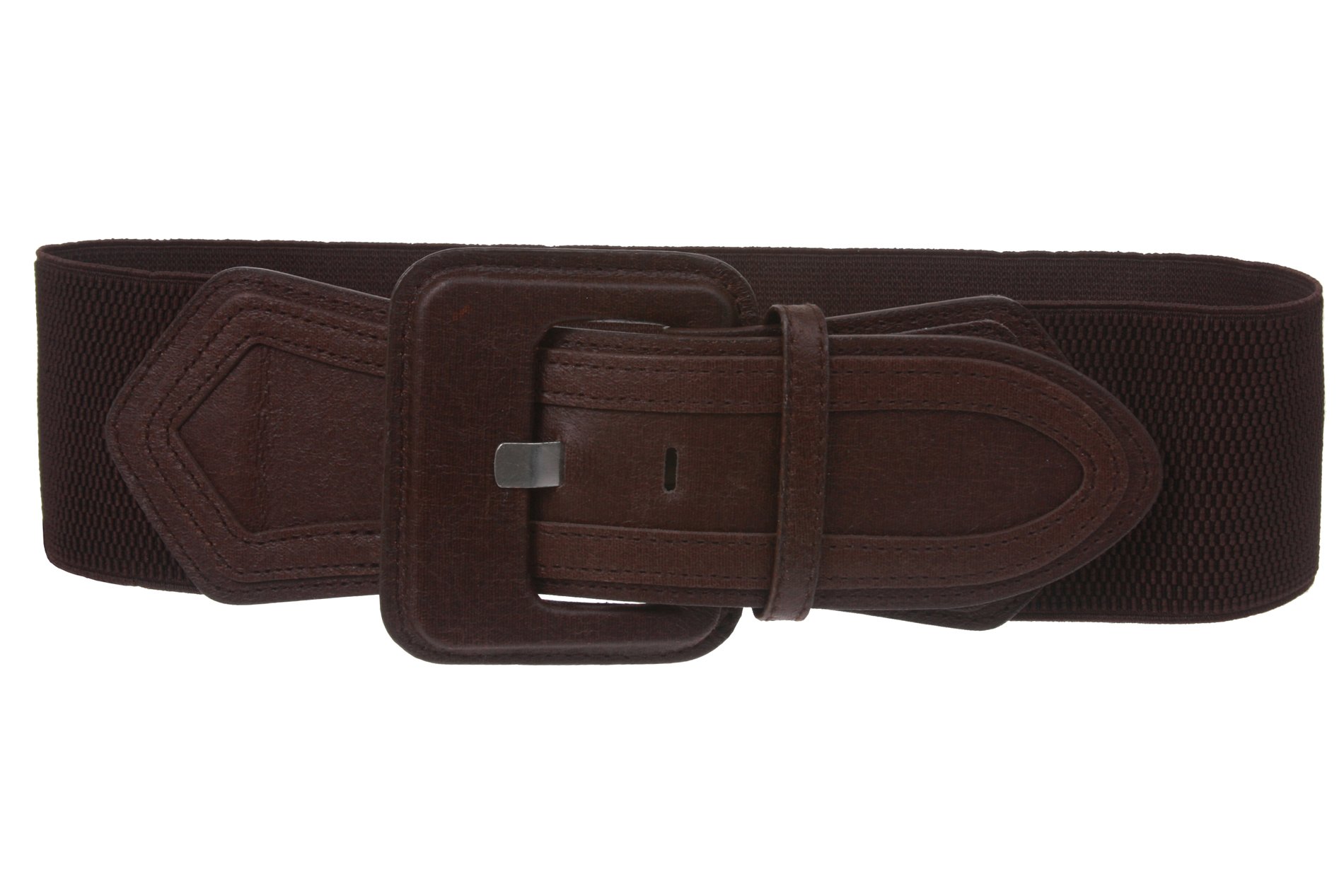 Women's High Waist Fashion Stretch Belt with Tab Detailing, Dark Brown | s/p (28"-30" waist)
