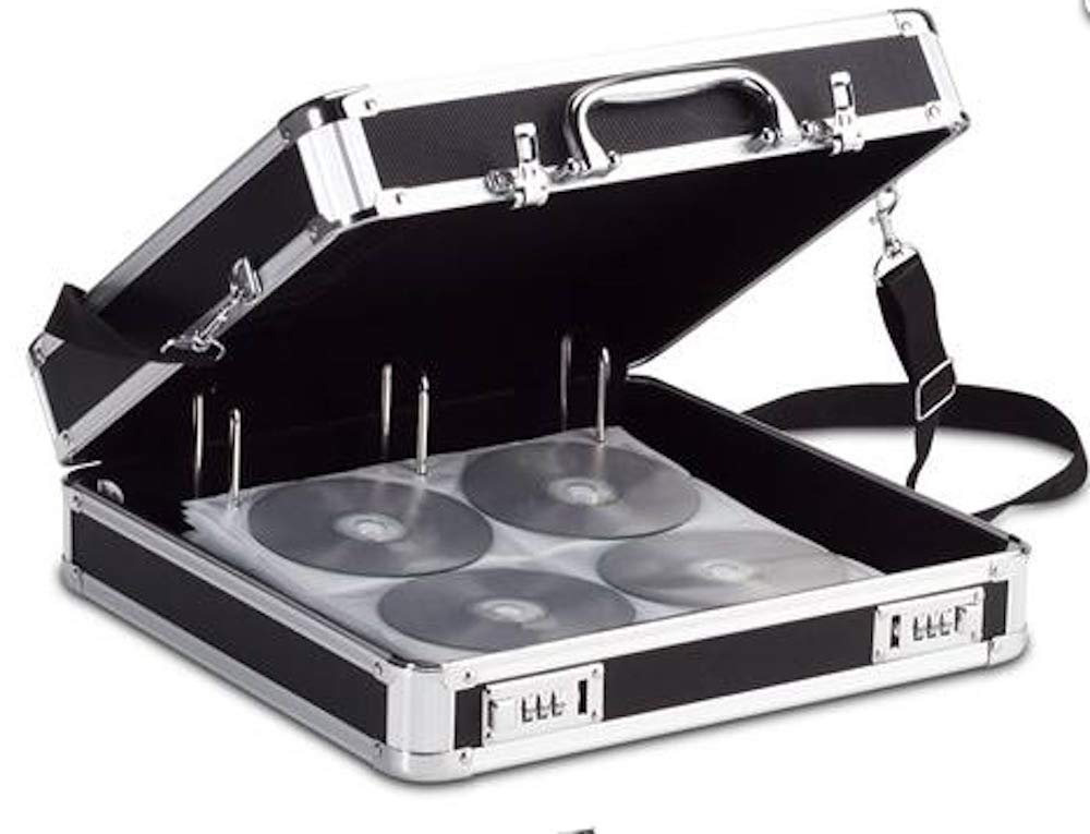 Vaultz Locking DVD Storage Case - Secure Organizer 200 CD Holder, Video Game Binder and Media Book for Travel w/Key and Carrying Handle, Black-Silver