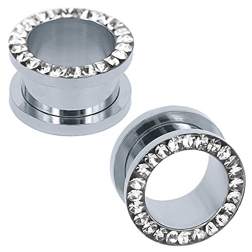 ZS 316L Stainless Steel Rhinestone Crystal Ear Tunnel Plugs Ear Gauges Expanders Body Piercing (White, 4g(5mm))