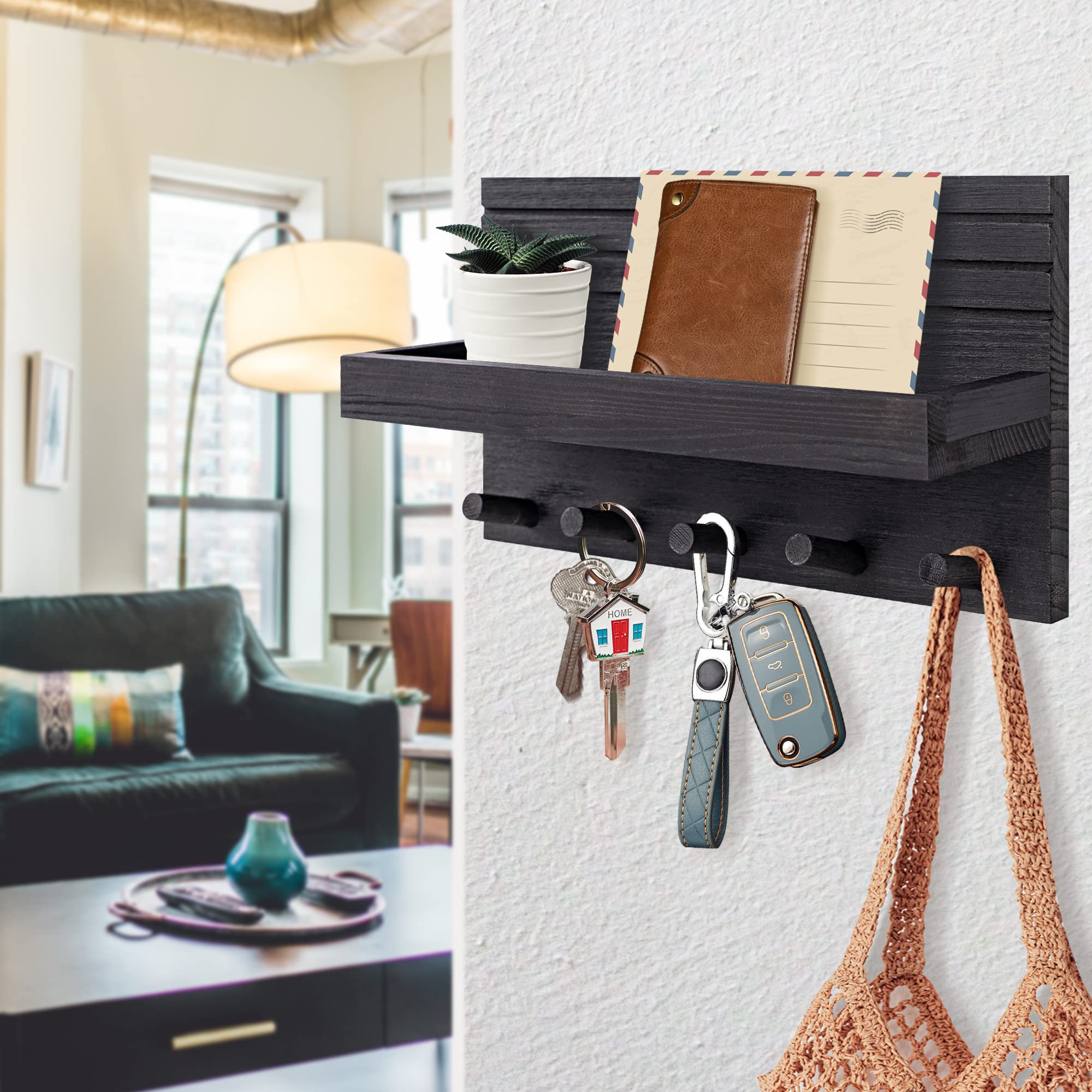 TITIANTY Mail and Key Holder Wall Mounted: Wooden Mail Organizer Key Hanger with 5 Hooks - Small Key Hanging Rack Rustic Home Decor for Entryway Farmhouse Kitchen