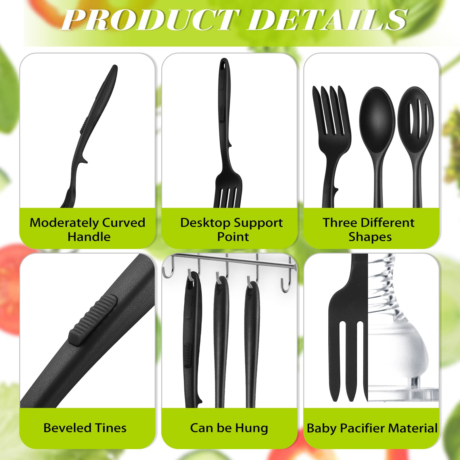 Yetene 3 Pcs Silicone Flexible Cooking Fork and Spoon Set with Long Handle for Cooking Heat Resistant Kitchen Non Stick Mixing Serving Spoons Mixes Ingredients Mashes Food Whisk, Black