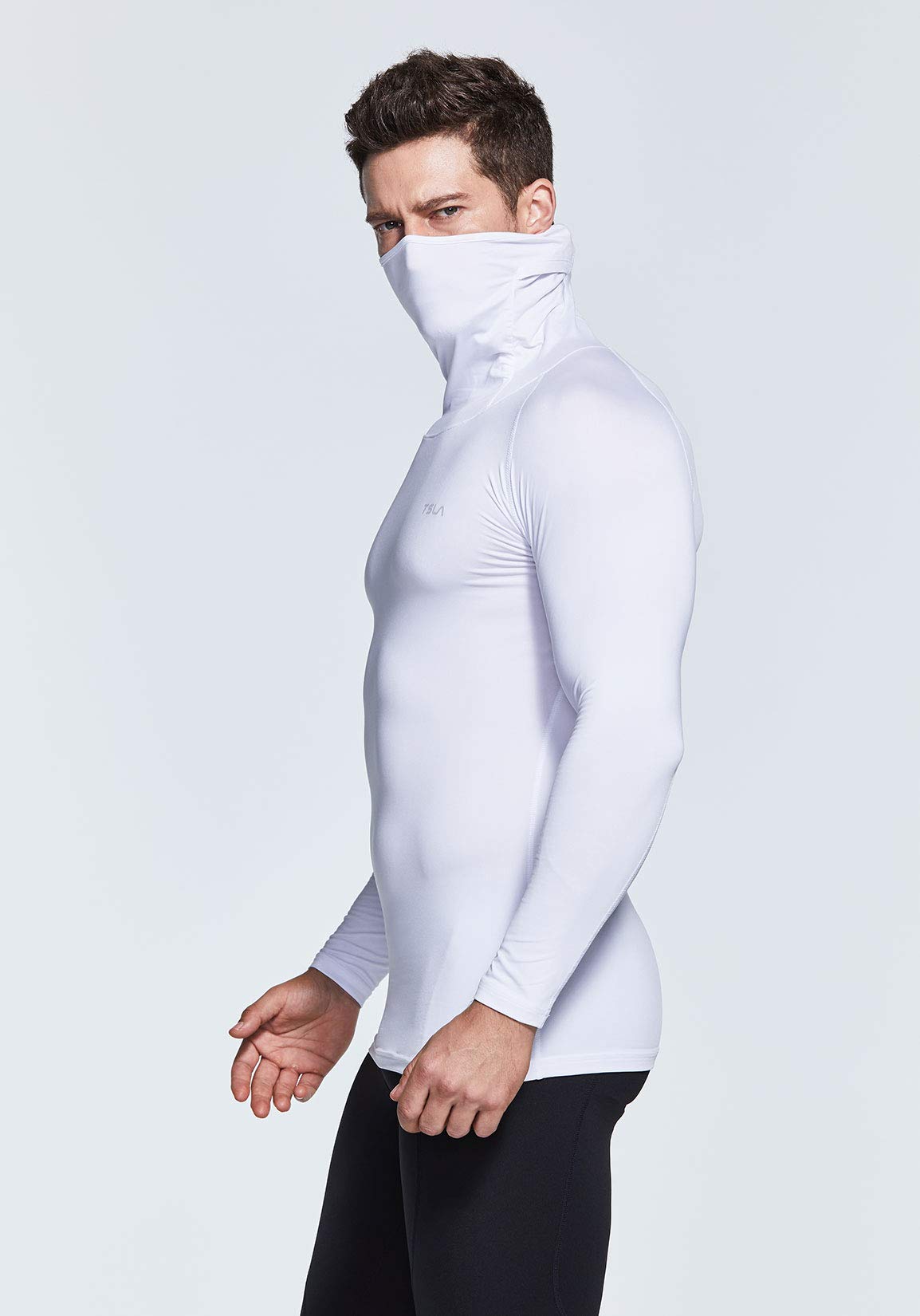 TSLA Men's Thermal Compression Shirts Hoodie with Mask, Long Sleeve Winter Sports Base Layer Top, Active Running Shirt, Heatlock Hoodie White, Medium