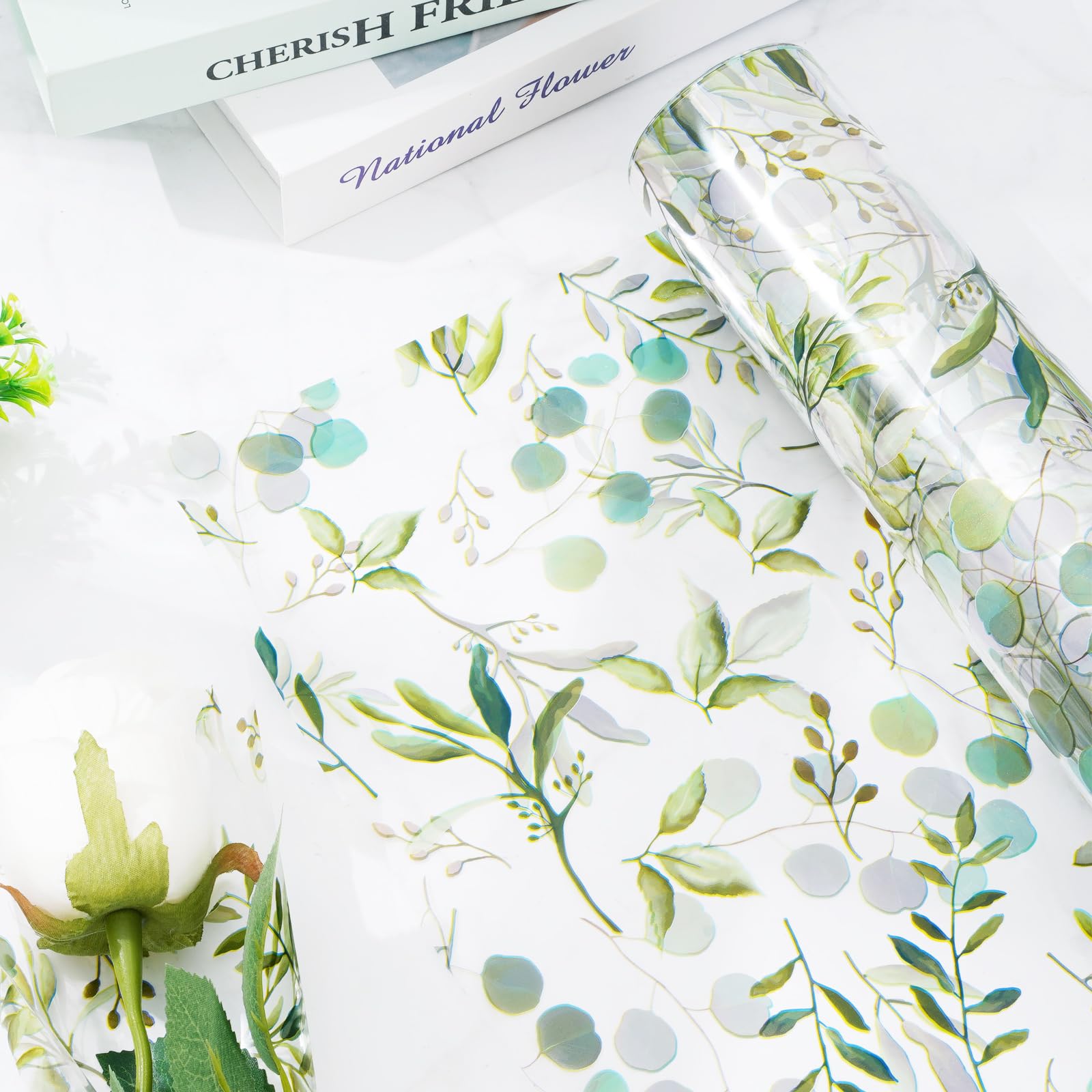 Whaline Eucalyptus Cellophane Wrap Roll Greenery Clear Wrapping Paper Green Leaves Plastic Gift Basket Wrap for Wedding Birthday Baby Shower Party Candy Treat DIY Craft Supplies, 32 Inch x 100 Ft