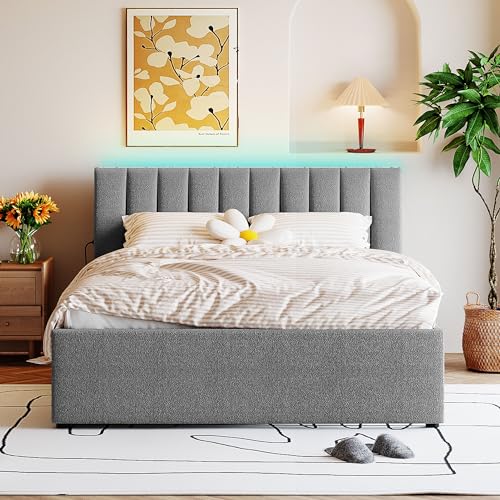 WOXYX Queen Size Upholstered Platform Bed with Teddy Fleece Headboard and Trundle,Grey