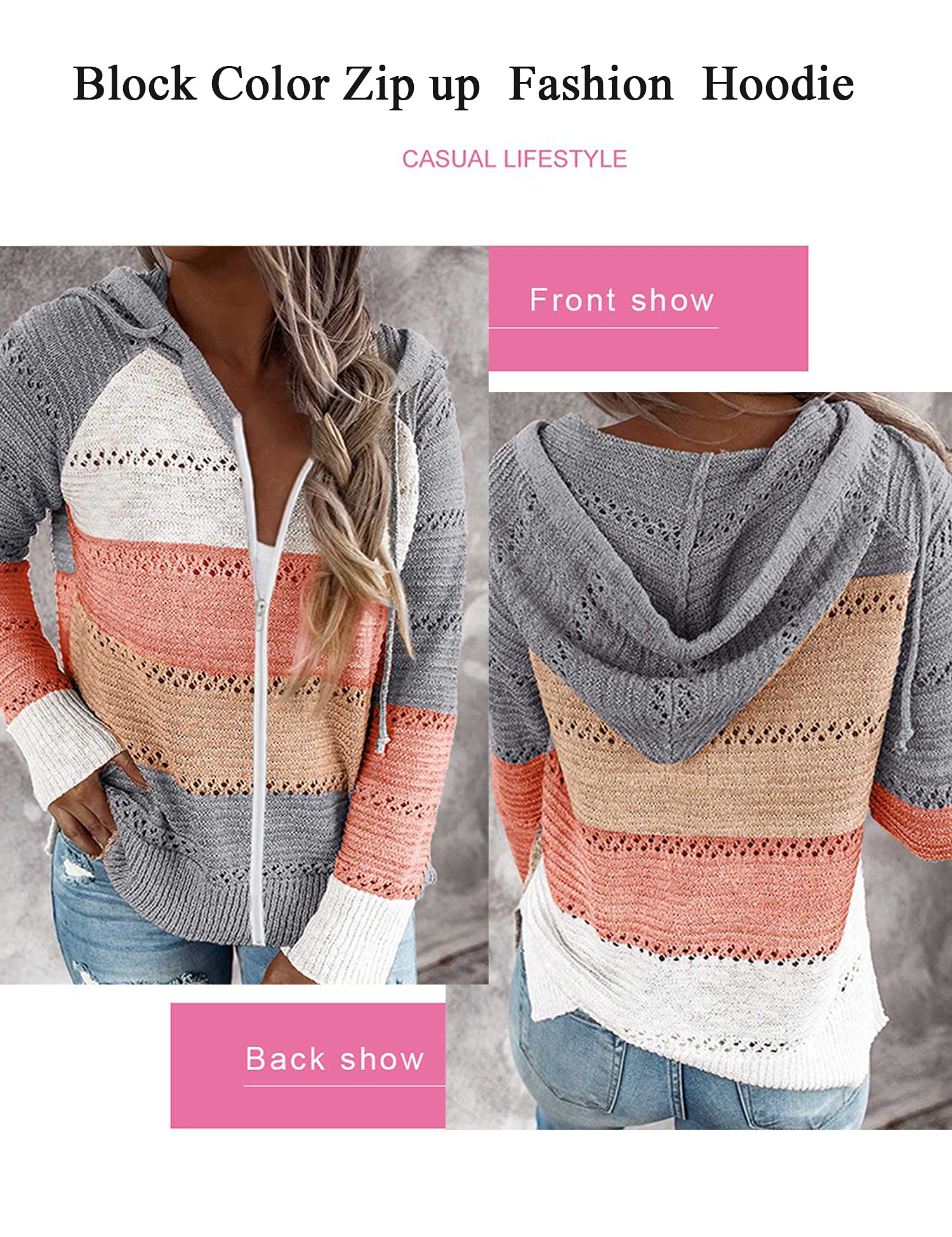 Womens Lightweight Stripes Sweatshirts Zip Up Zipper Hooded Sweatshirts Jackets Orange M