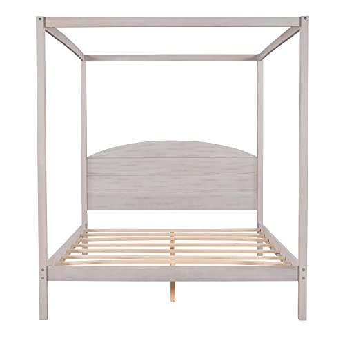 WOXYX Queen Size Canopy Platform Bed,Wood Beds Frame with Headboard and Support Legs,Grey