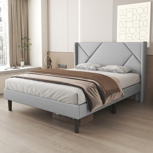 Wonder Comfort Queen Size Upholstered Bed Frame with Fabric Wingback Headboard/Upholstered Platform/12 Solid Wooden Slats, Non-Slip and Noise-Free, No Box Spring Needed, Light Gray