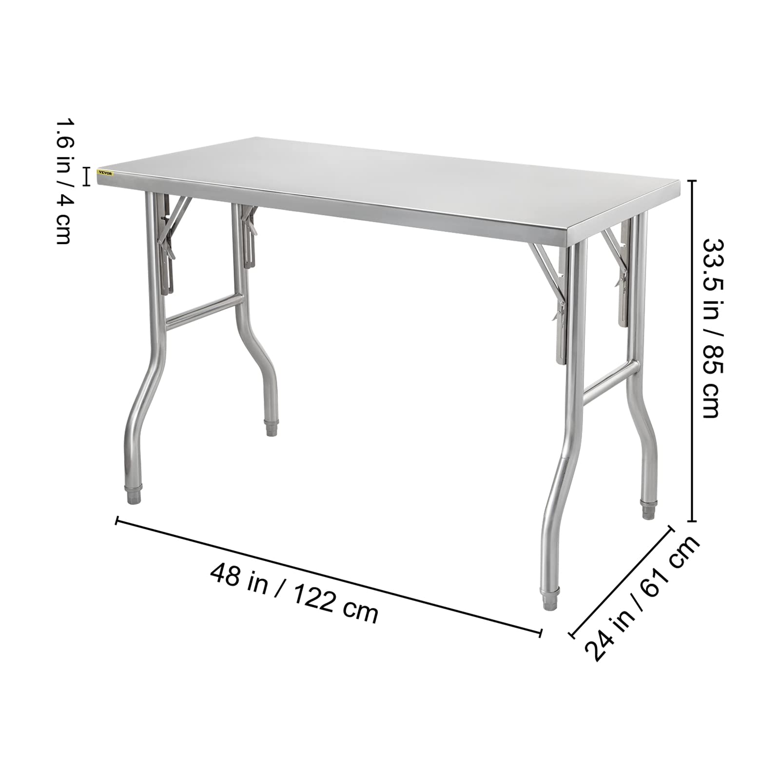 VEVOR Commercial Worktable Workstation 48 x 24 Inch Folding Commercial Prep Table, Heavy-duty Stainless Steel Folding Table with 661 lbs Load, Kitchen Work Table, Silver Stainless Steel Kitchen Island