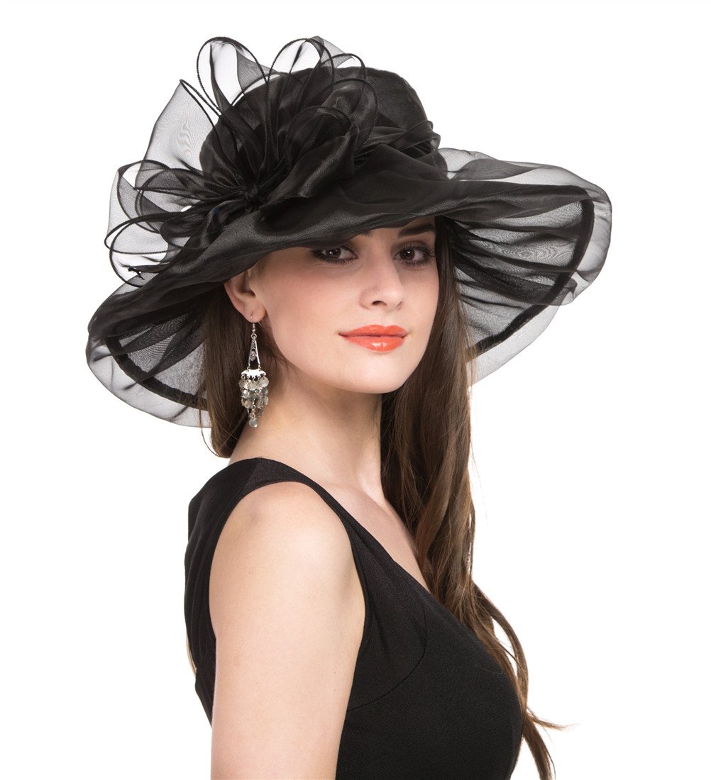 Women's Organza Church Kentucky Derby British Fascinator Bridal Tea Party Wedding Hat Summer Ruffles Cap(H5-Black Bowknot)