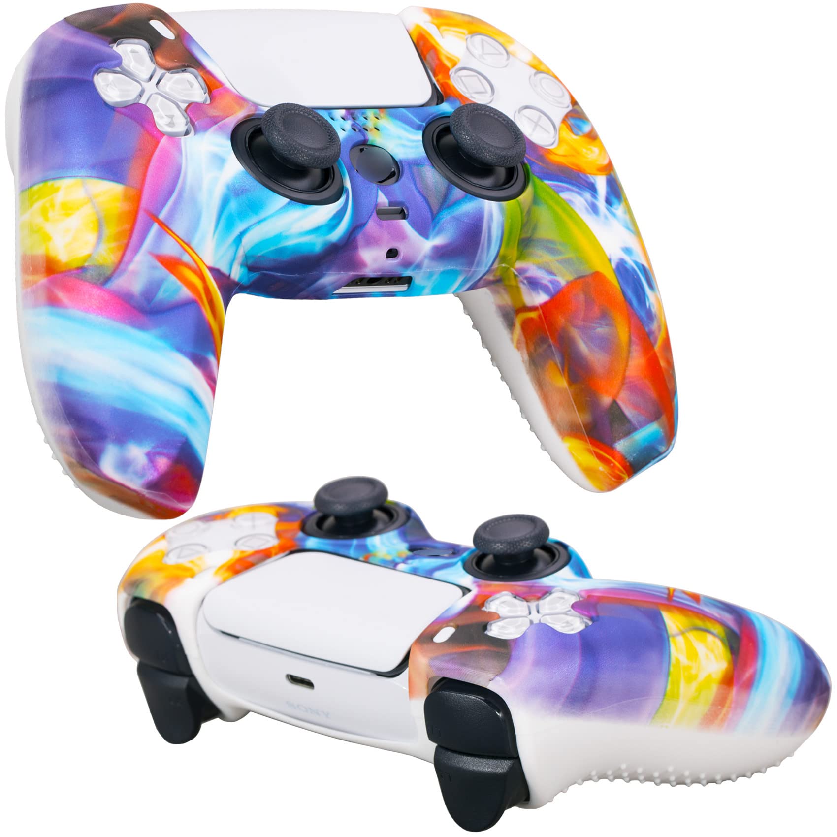 YoRHa Water Transfer Printing Silicone Thickened Cover Skin Case for PS5 Controller x 1(Comic Skulls) with Thumb Grips x 10